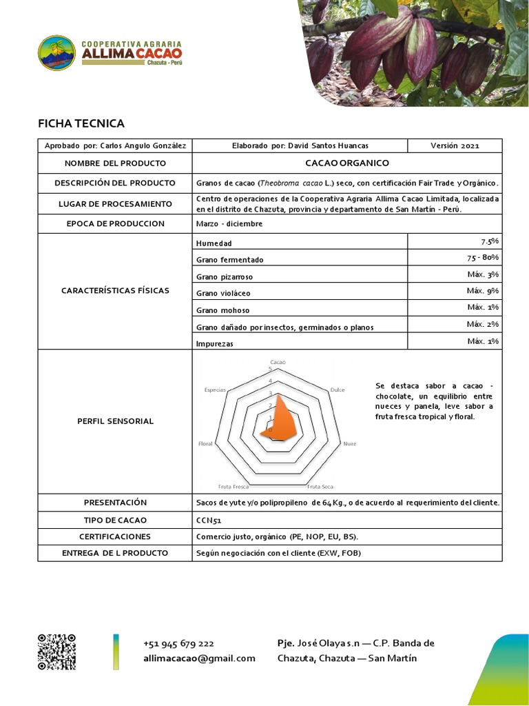 Ficha Técnica del Cacao Orgánico Allima | PDF | Grano de cacao ...