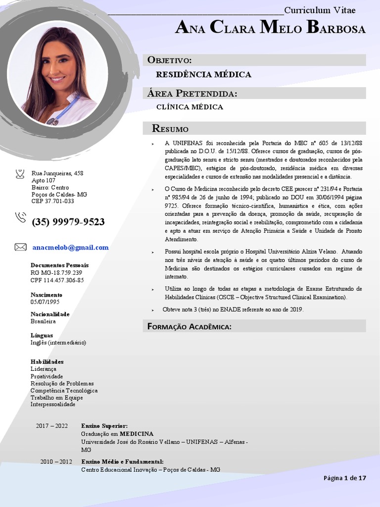 Ana Clara Melo Barbosa - Curriculum Vitae RM | PDF | Remédio | Hospital