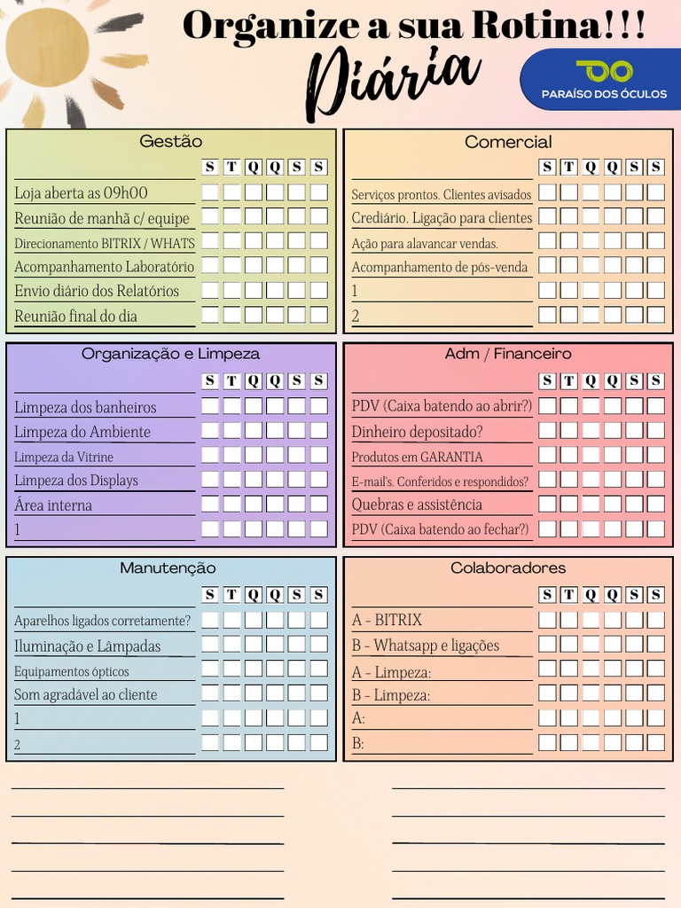 Organização da rotina diária e semanal de uma loja comercial para ...