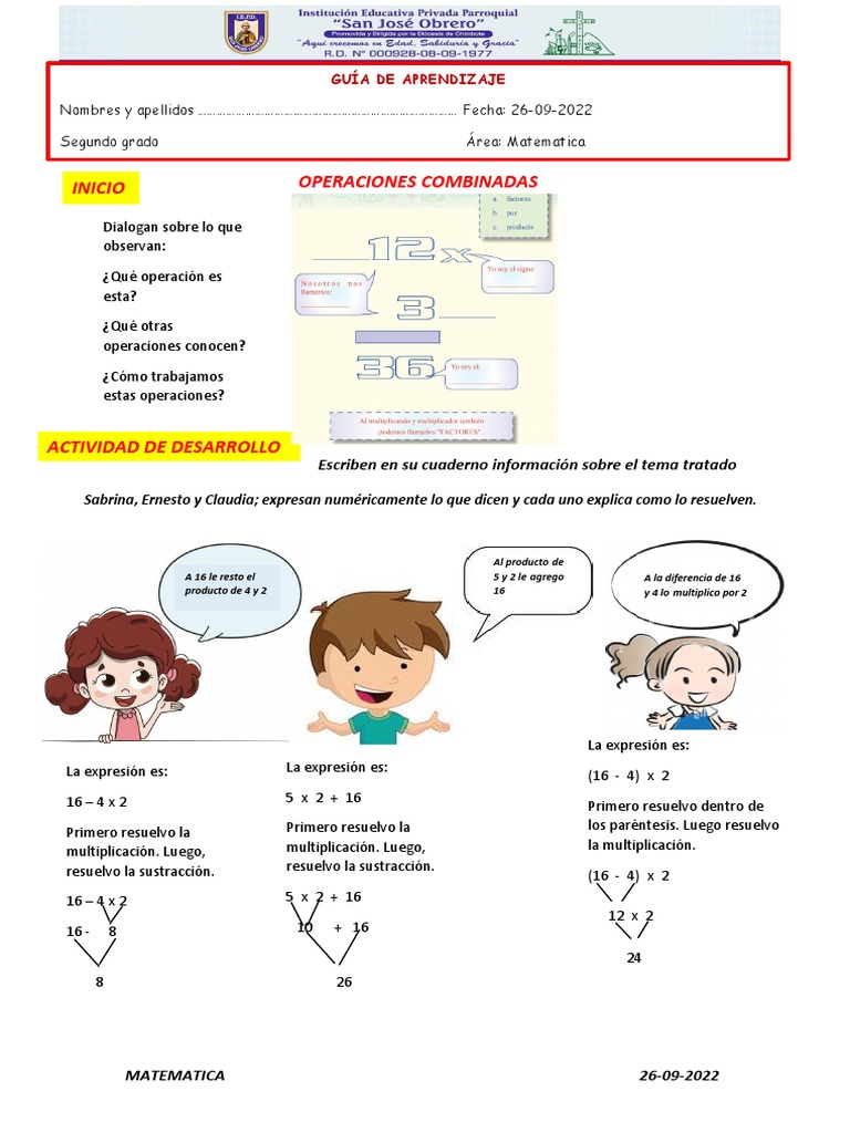 Operaciones Combinadas Guia De Aprendizaje Pdf Multiplicación