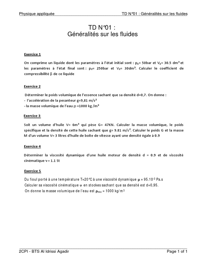 TD N°01 Généralités Sur Les Fluides | PDF