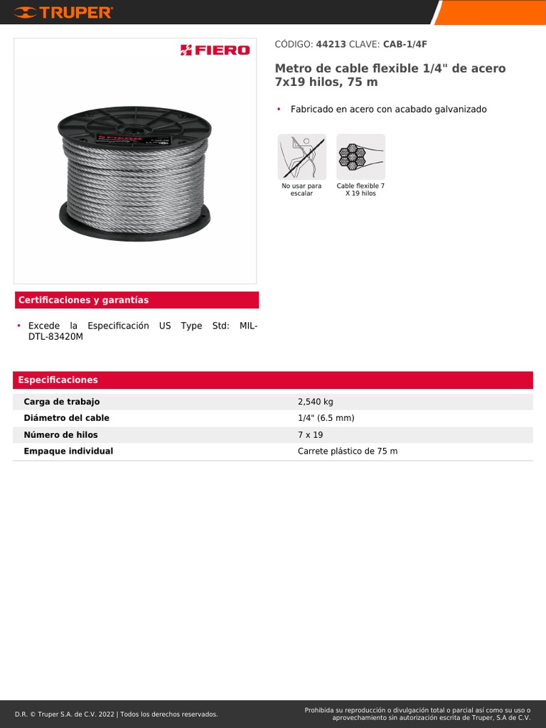 Metro de Cable Flexible de Acero 7x19 Hilos, 75 M FIERO 44213 | PDF