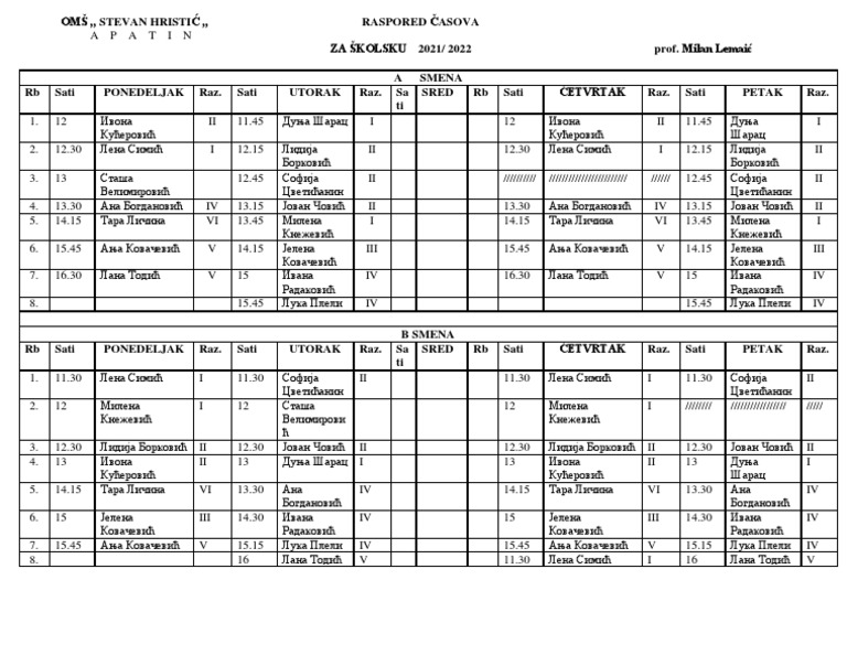 Raspored Casova 2021 | PDF