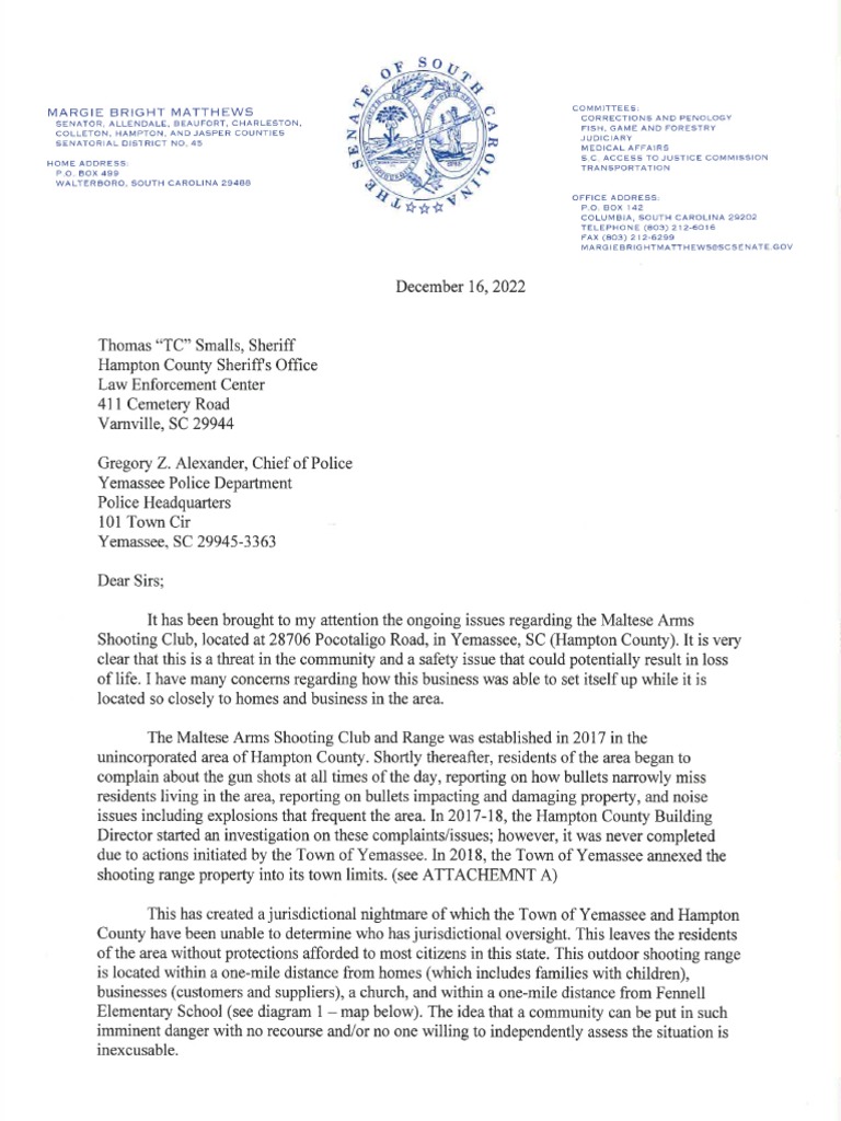 Letter From Sen. Margie Bright Matthews On Maltese Arms Shooting Club ...