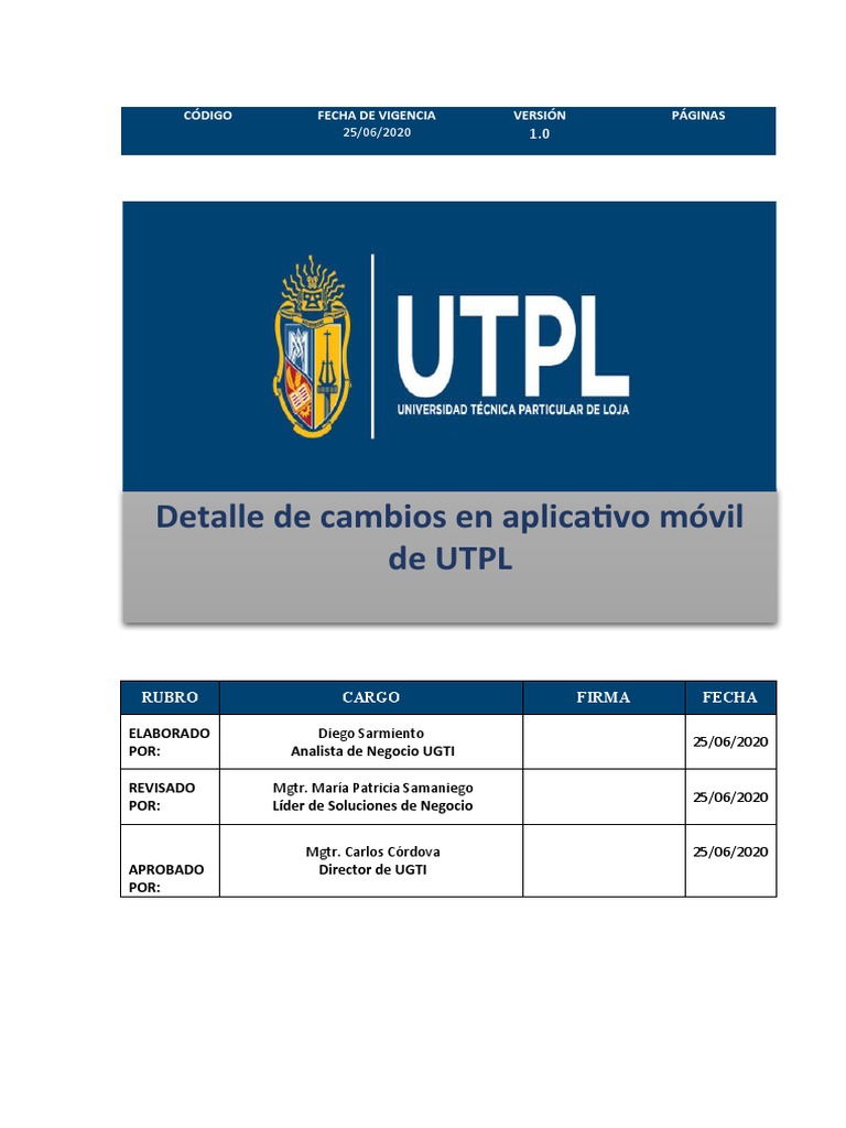 Requerimiento Cambio Aplicativo Movil UTPL | PDF | Aplicación movil ...