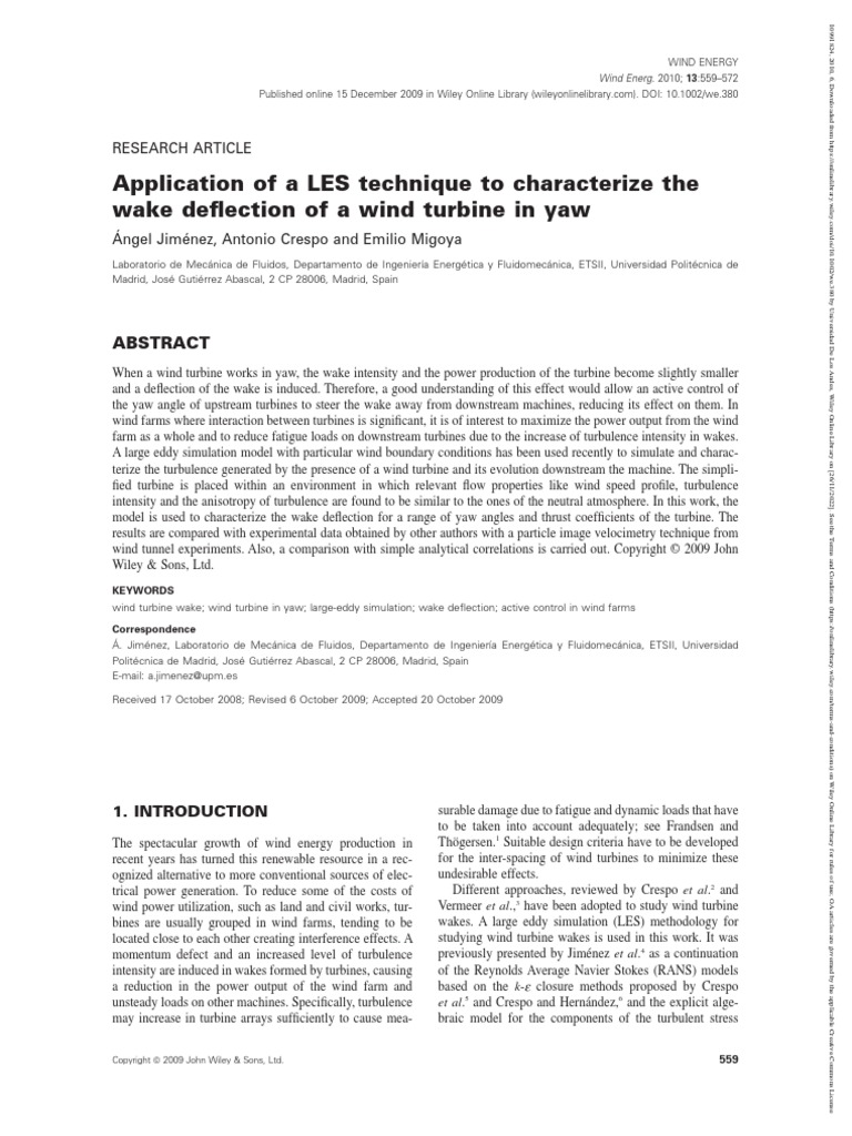 Wind Energy - 2009 - Jim Nez - Application of A LES Technique To ...