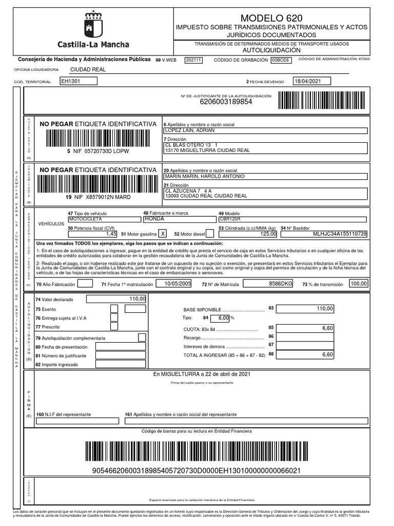 Modelo 620: No Pegar Etiqueta Identificativa | PDF | Impuestos | Vehículos