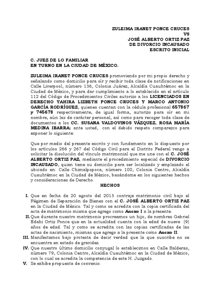 Divorcio Escrito Inicial | PDF | Divorcio | Demanda judicial