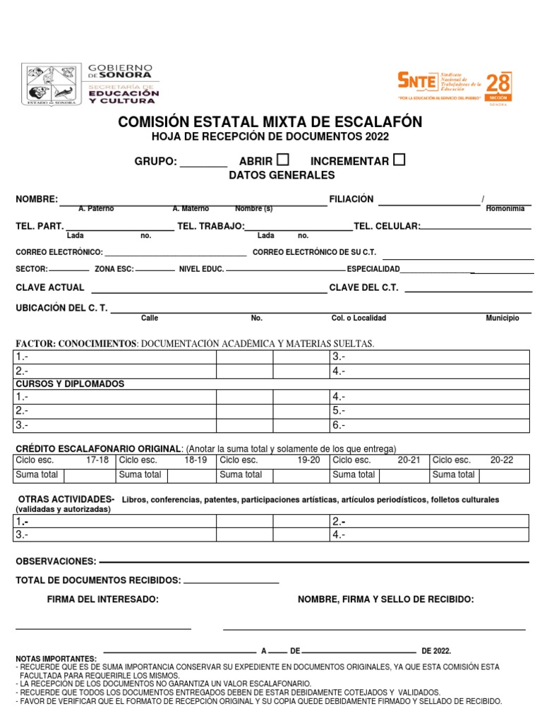 Formato de Hoja de Recepción de Documentos 2022 | PDF