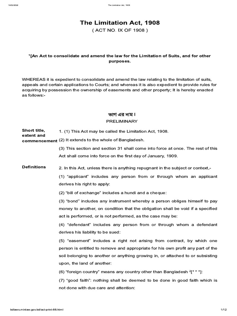 Limitation Act, 1908 | PDF
