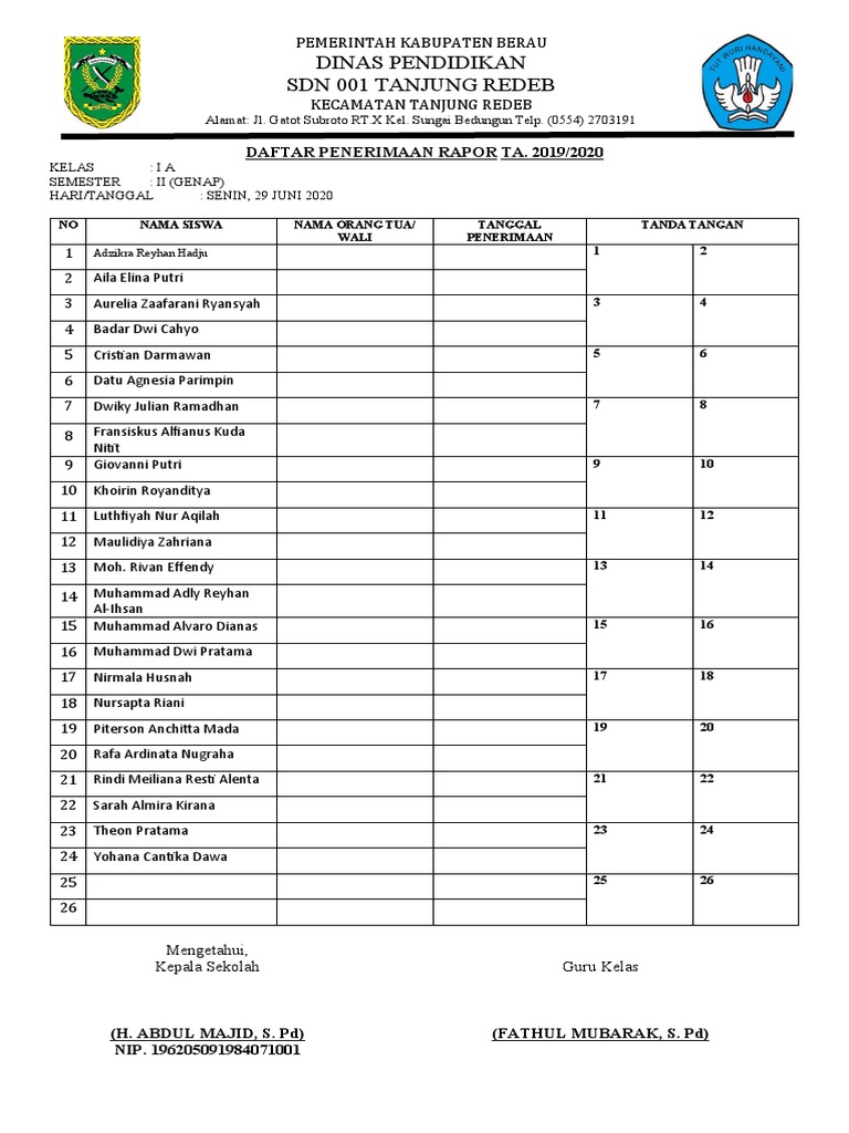 Daftar Penerimaan Rapor | PDF