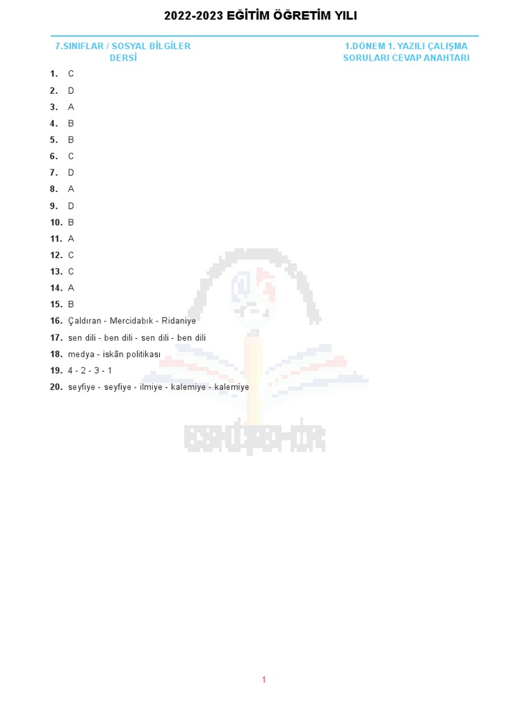 2022-2023 1.dönem 1.yazılı Örnek Soruları Cevaplar | PDF