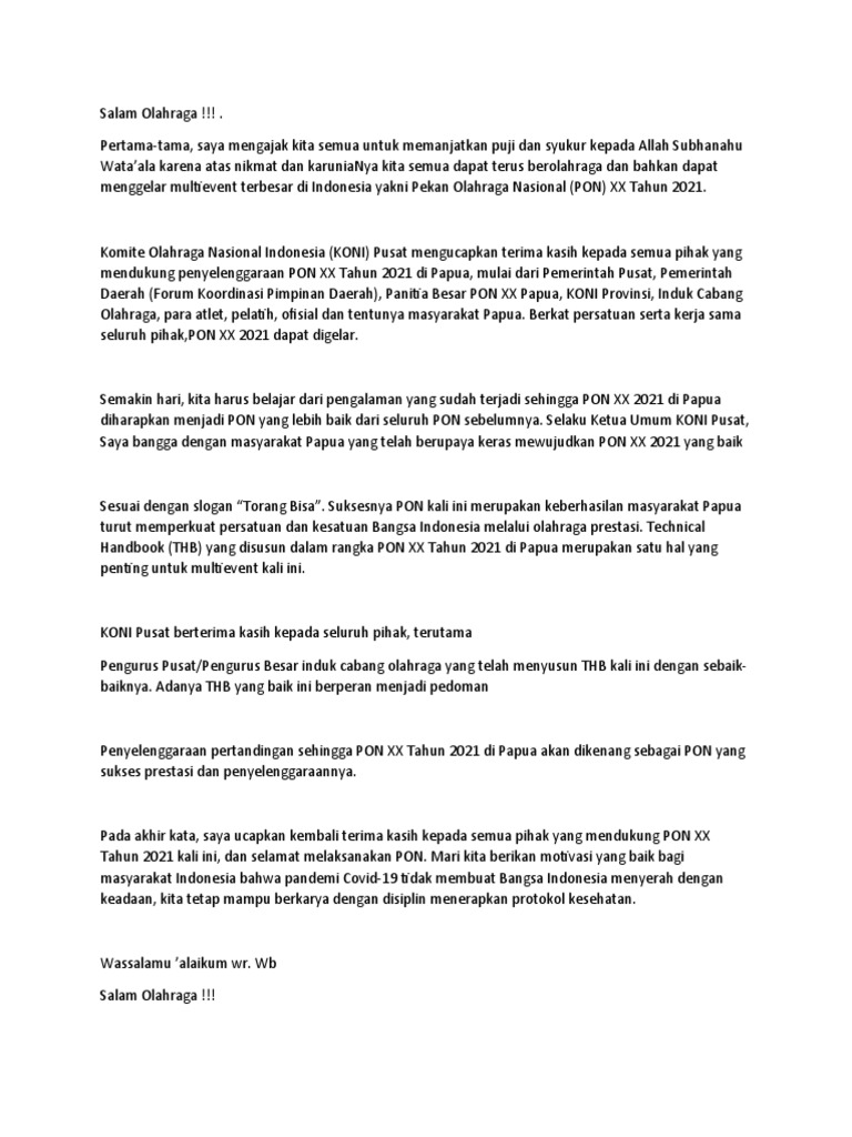 Contoh Sambutan Koni Papua | PDF | Olahraga & Rekreasi | Ilmu Sosial