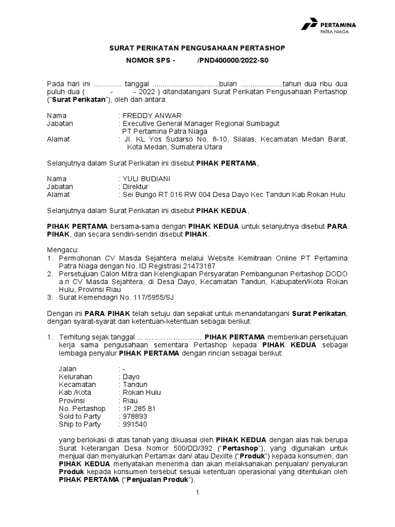 Pengaturan Kerja Sama Pengusahaan Pertashop antara PT Pertamina Patra Niaga dan CV Masda ...