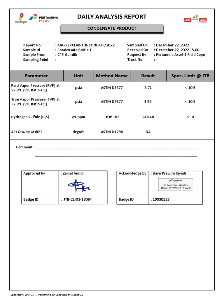 Condensate Bottle 1 CPP Gundih, 22 Desember 2022 15.00 | PDF
