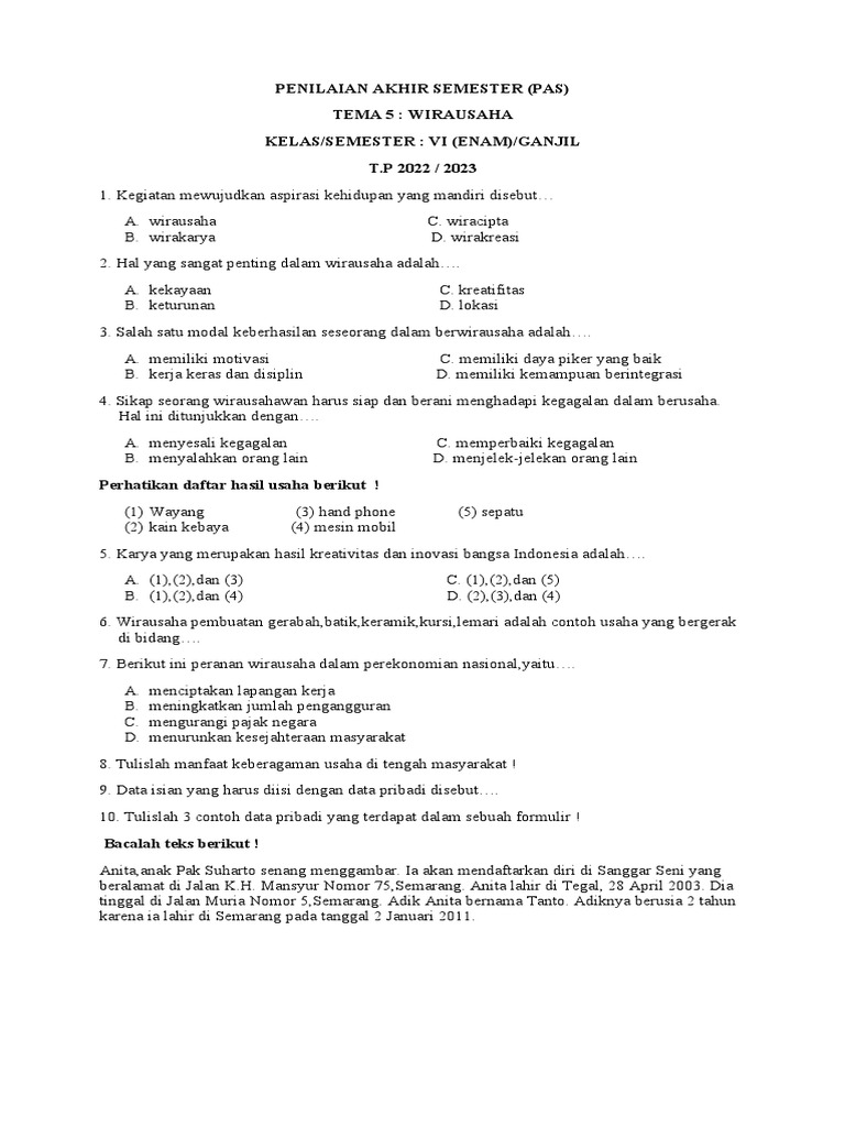 Soal Pas Tema 5 KLS 6 | PDF