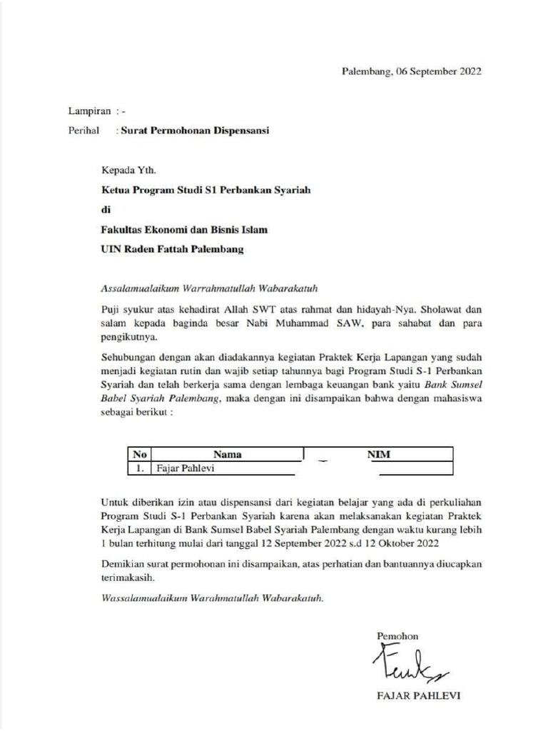 Contoh Surat Permohonan Dispensasi | PDF