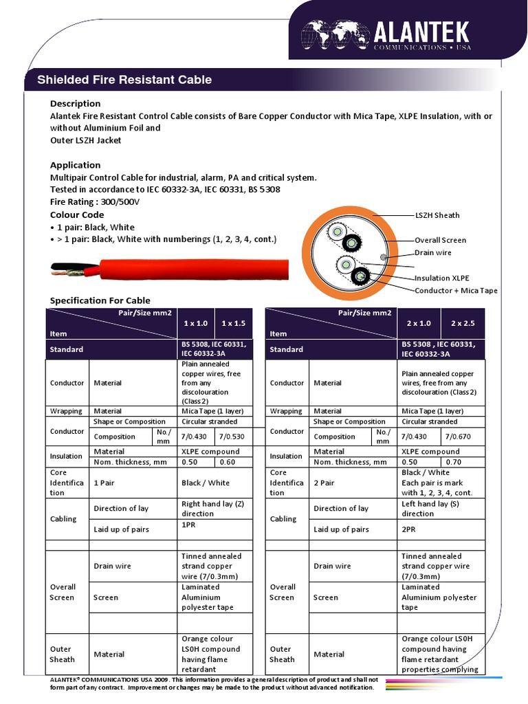 Alantek 1 Layer-Shielded Fire Resistant Cable | PDF | Electrical ...