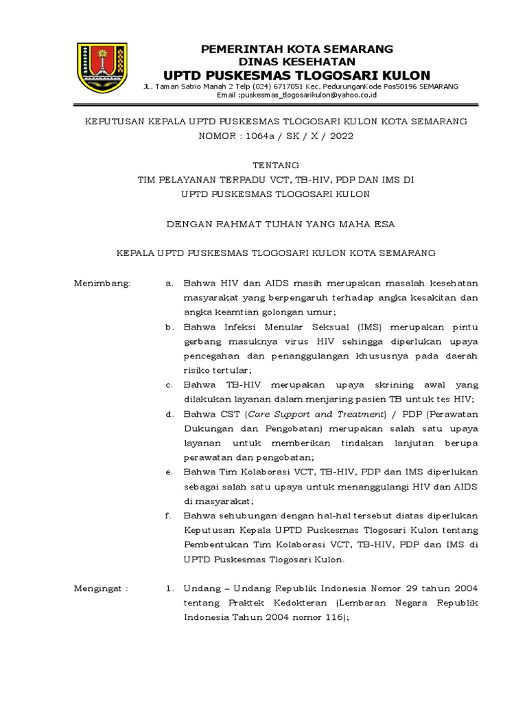 SK Tim Pelayanan Terpadu Hiv PKM Tlogkul 2022 | PDF