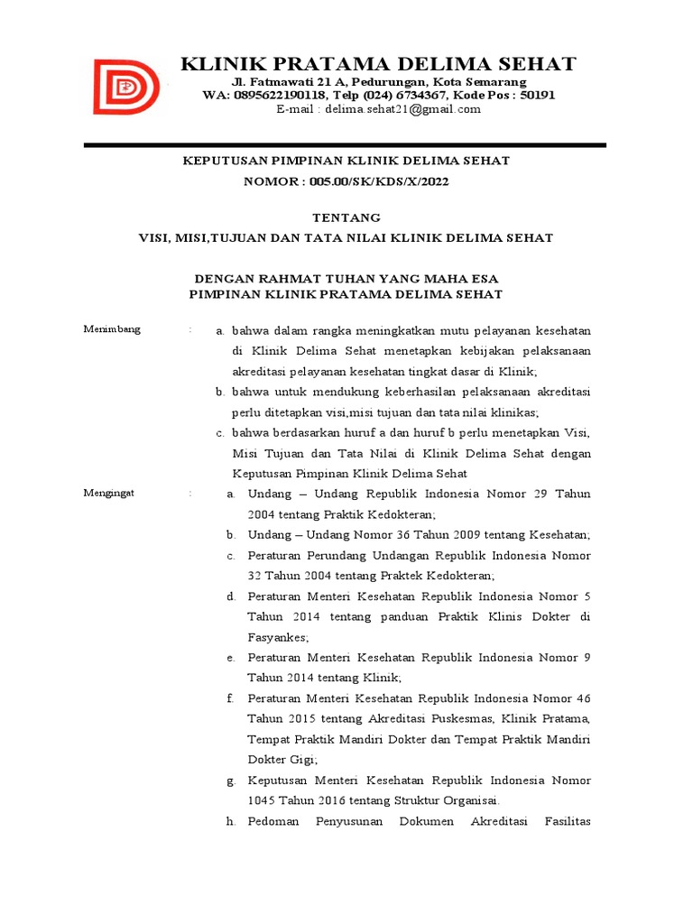 TKK - D5 - SK Visi, Misi, Tujuan Dan Tata Nilai Klinik Delima Sehat | PDF