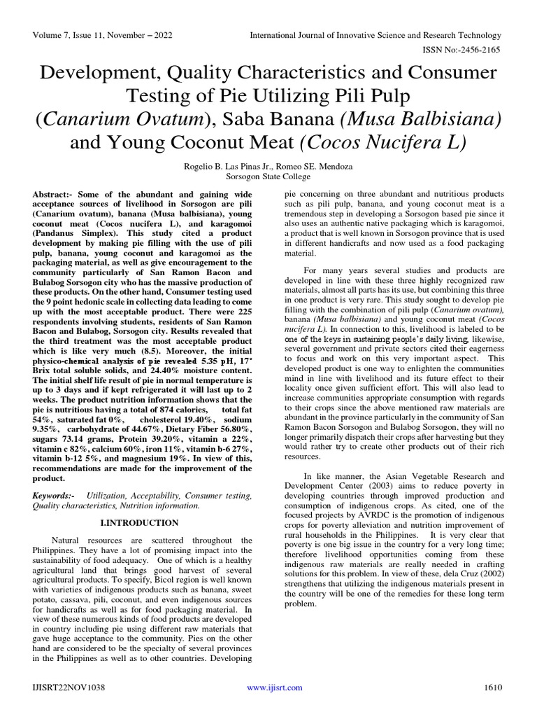 Development, Quality Characteristics and Consumer Testing of Pie ...