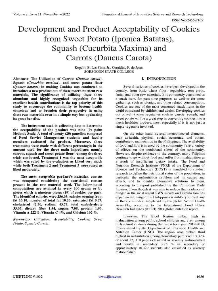 Development and Product Acceptability of Cookies From Sweet Potato (Ipomea Batatas), Squash ...