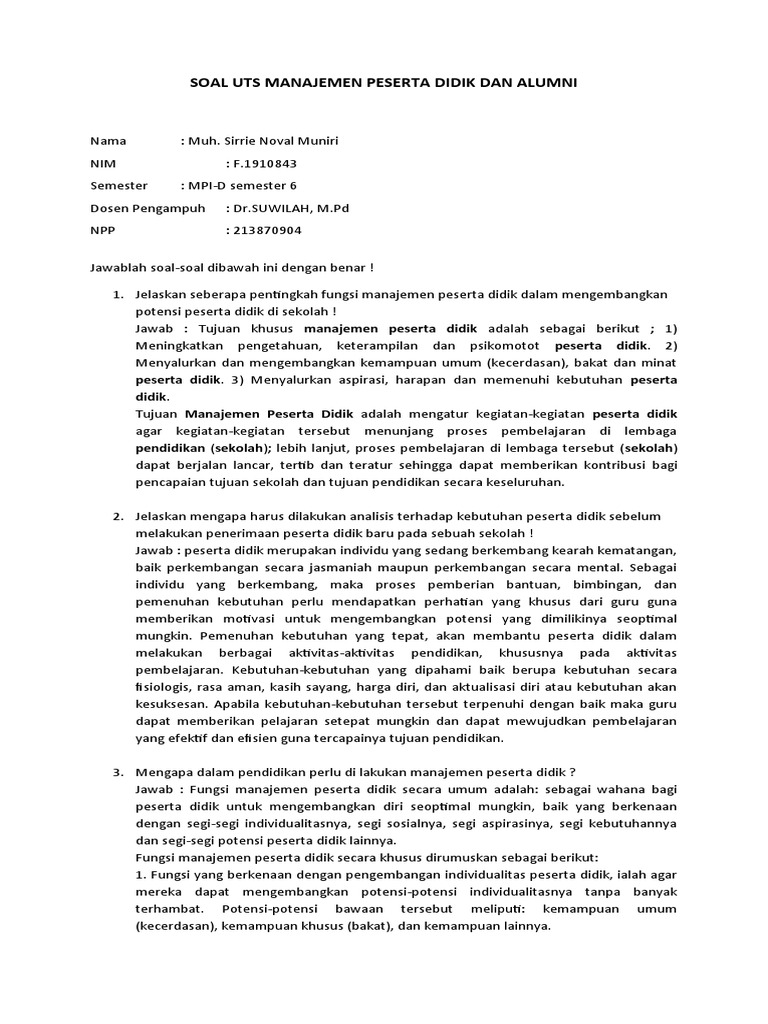 Jawaban Uts Manajemen Peserta Didik Dan Alumni Noval | PDF | Karier & Perkembangan | Kesehatan ...