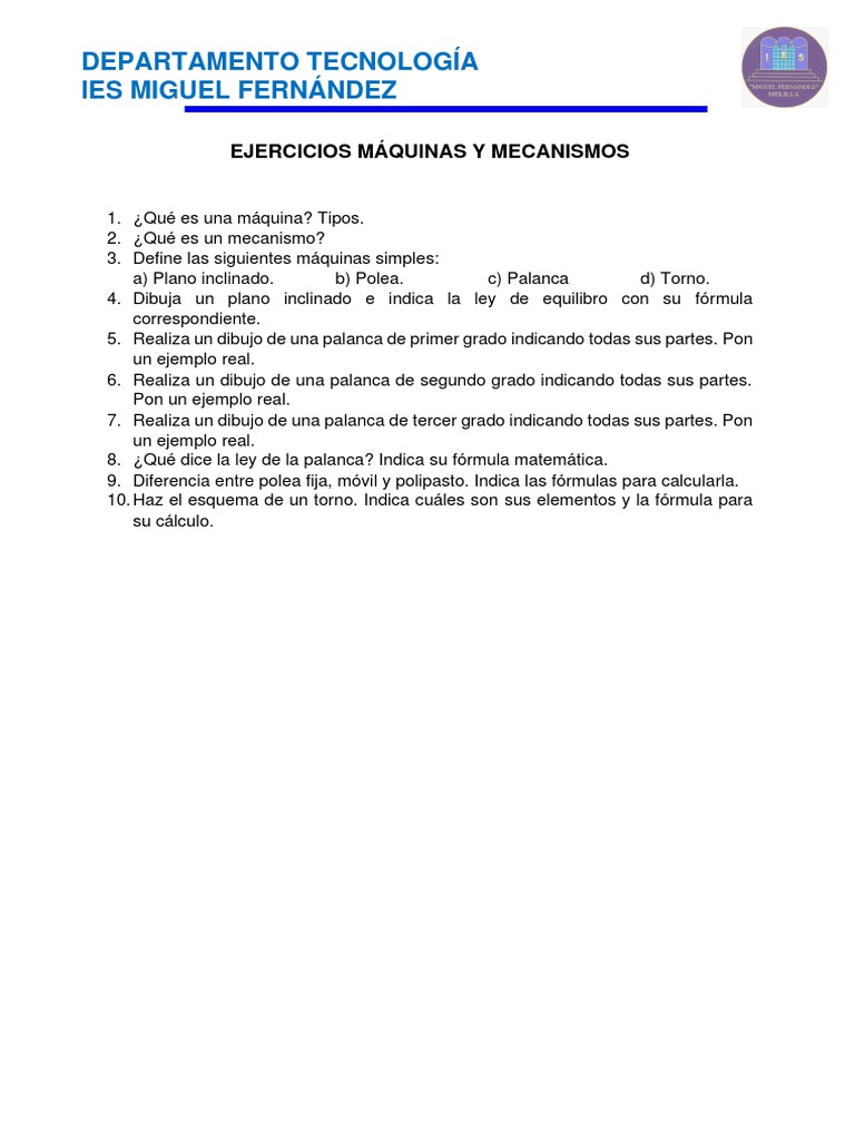 Ejercicios de Máquinas Simples y Mecanismos | PDF