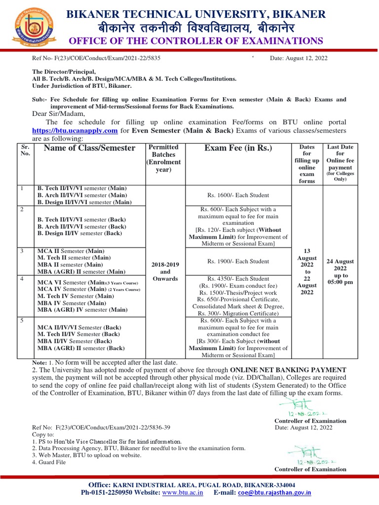 Fee Schedule for Filling Online Examination Forms for Various Programs ...