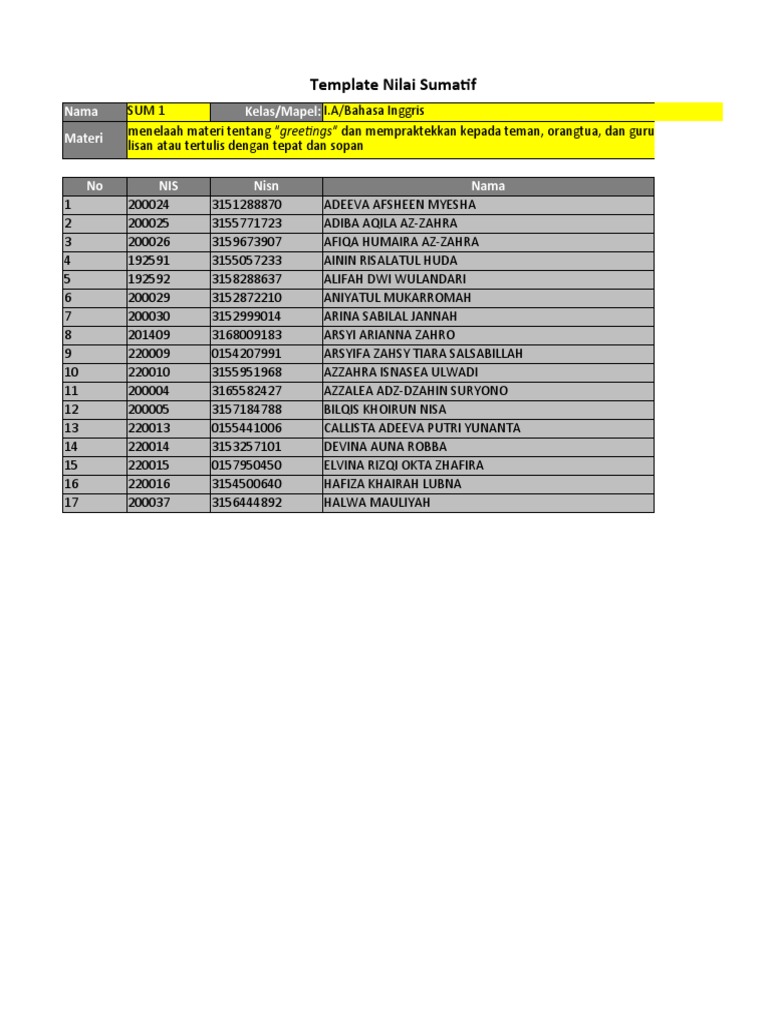 Template Nilai Sumatif-I.a-bahasa Inggris | PDF