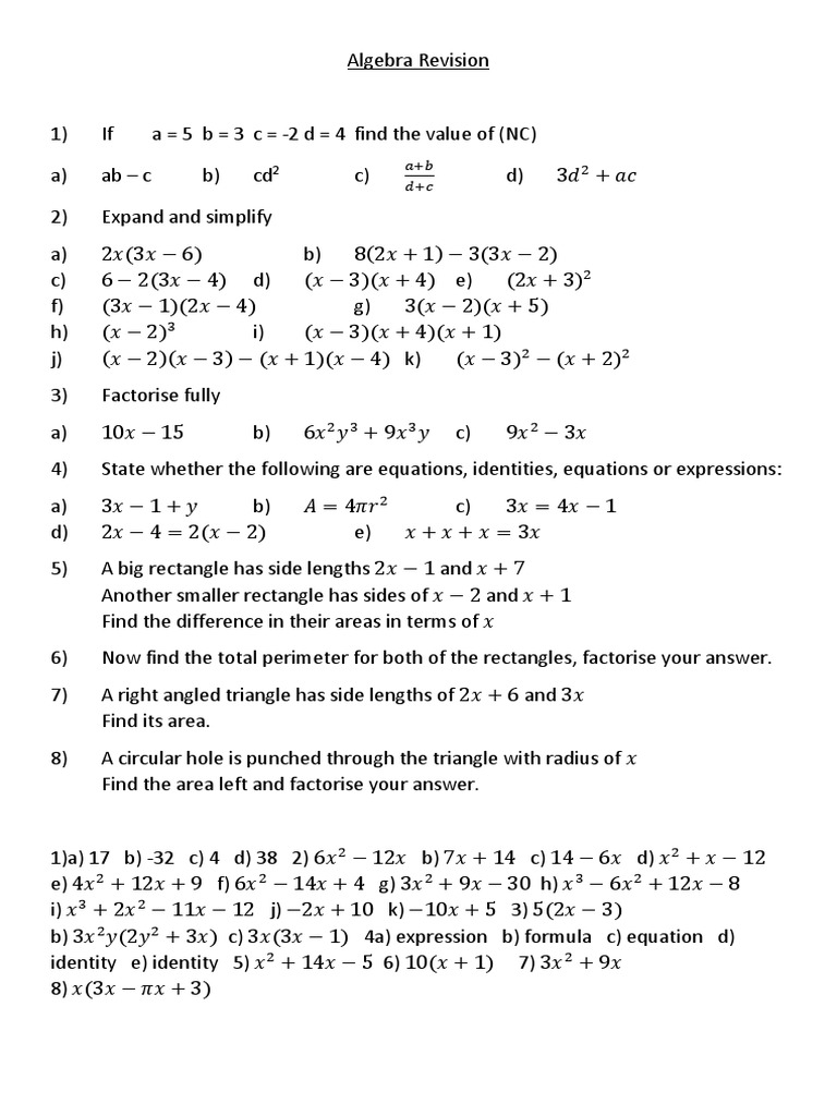 Y9 Skills Sheet 1 - Algebra 1 | PDF