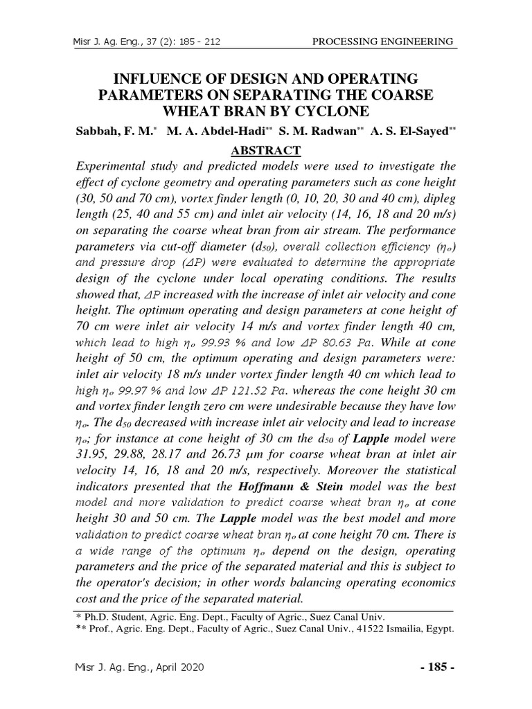 Cyclone Design for Wheat Bran Separation | PDF | Gases | Applied And ...