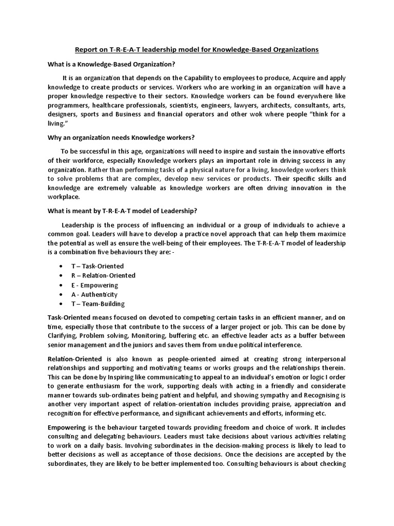 Report On T-R-E-A-T Leadership Model For Knowledge-Based Organizations ...
