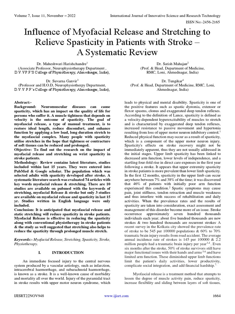 Influence of Myofacial Release and Stretching To Relieve Spasticity in Patients With Stroke - A ...