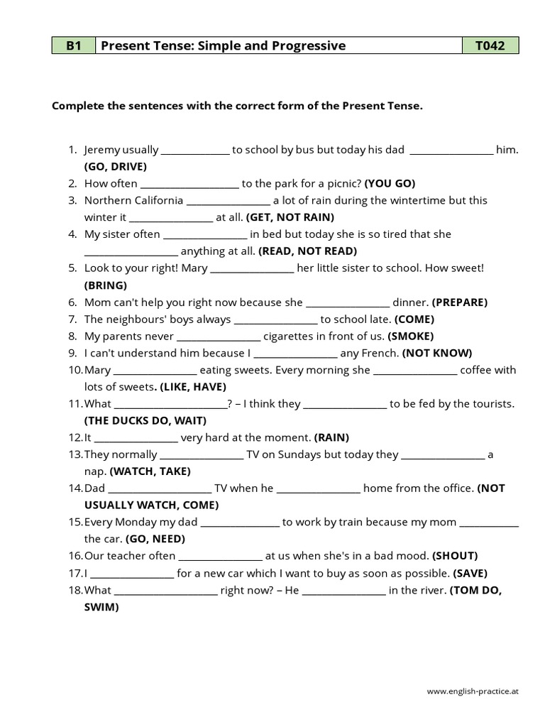 Present Tense Simple and Continuous - PDF Grammar Worksheet - T042 | PDF
