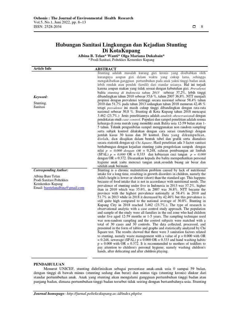 Hubungan Sanitasi Lingkungan Dan Kejadian Stunting Di KotaKupang | PDF