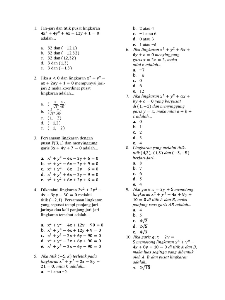 Soal Persamaan Lingkaran | PDF