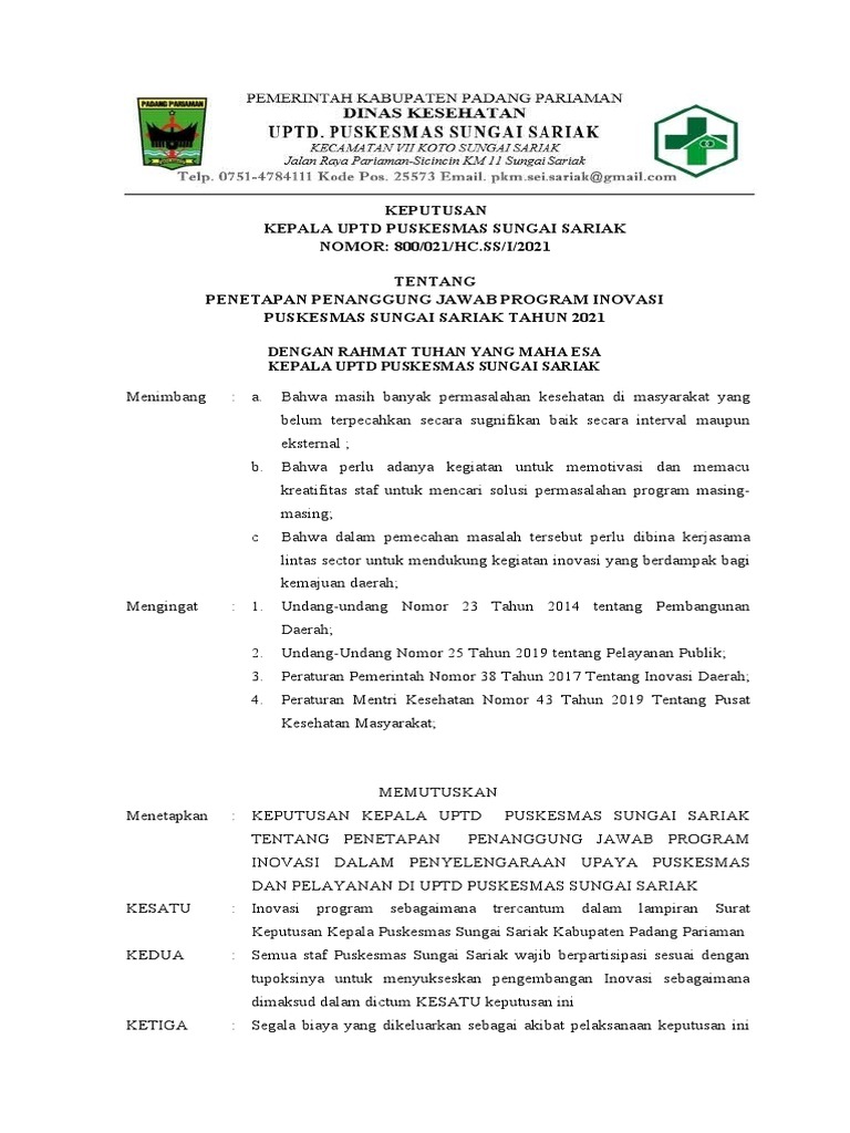 SK Penetapan PJ Program Inovasi | PDF