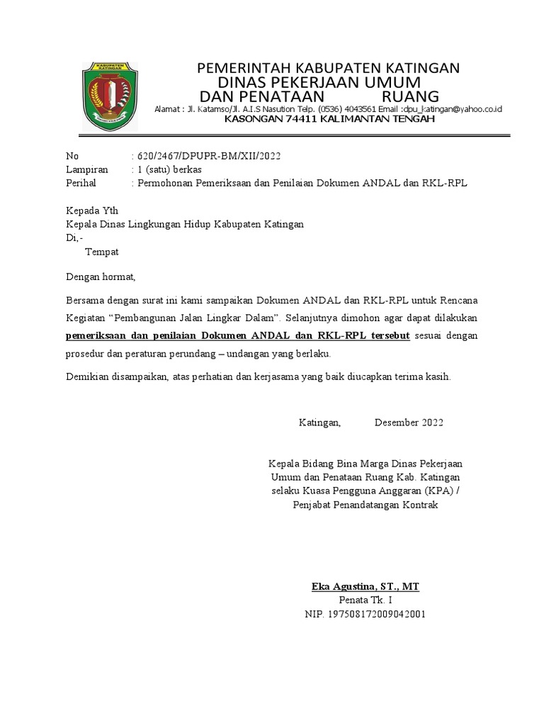 Surat Permohonan Pemeriksaan Dan Penilaian ANDAL Dan RKL-RPL | PDF ...