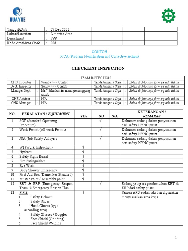 Contoh Isi - Form Inspeksi Area - Fix - New | PDF