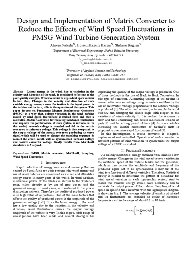 Design and Implementation of Matrix Converter To Reduce The Effects of Wind Speed Fluctuations ...
