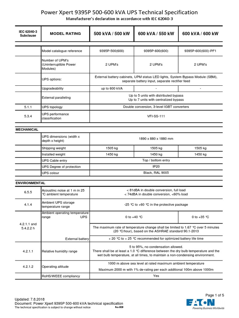 Power Xpert 9395p Ups 500 Kva Technical Specification en | PDF ...