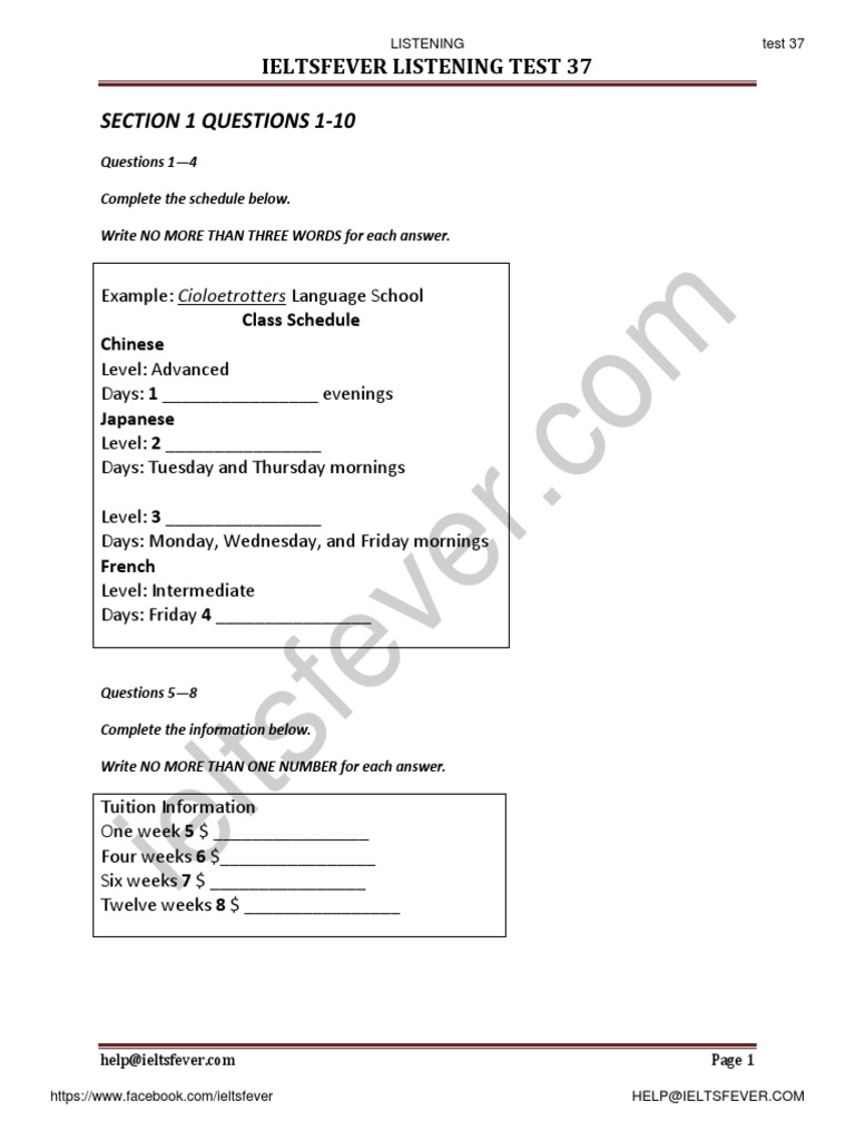 Section 1 Questions 1-10: Ieltsfever Listening Test 37 | PDF | Wind ...