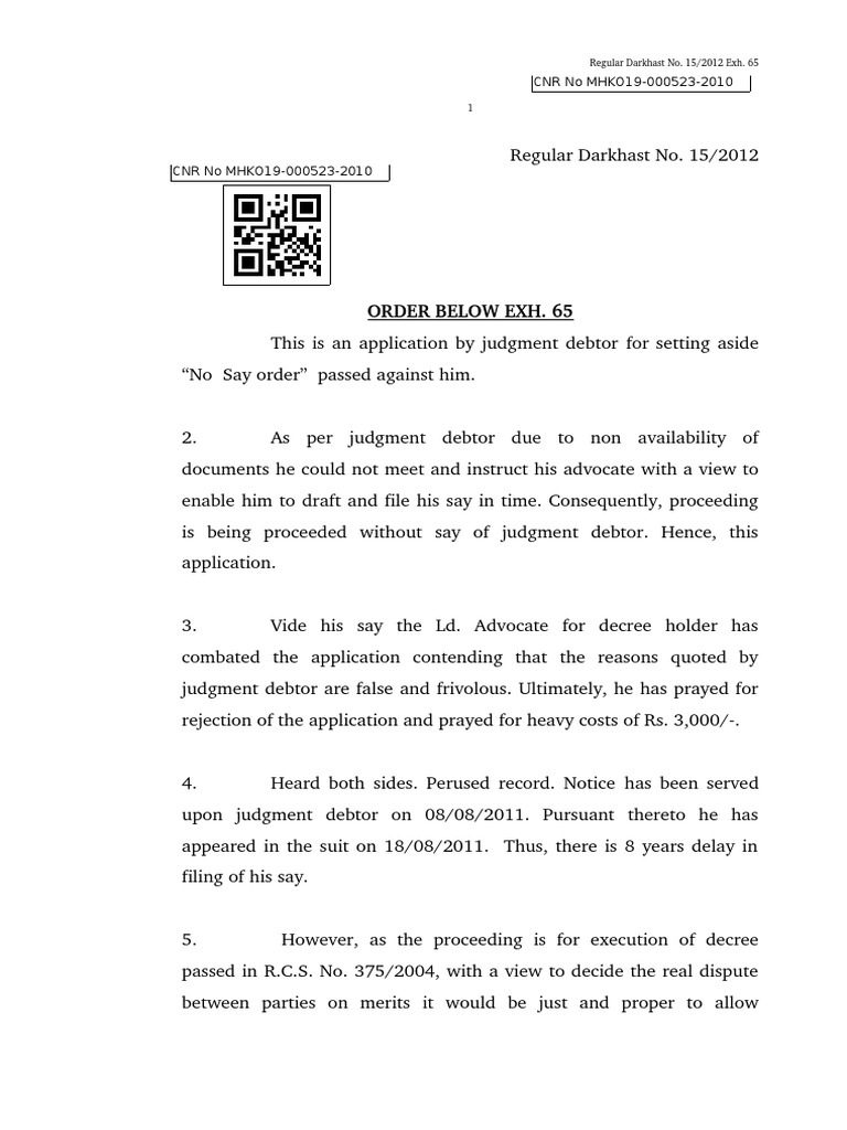 Regular Darkhast Application Order | PDF | Judgment (Law) | Separation ...
