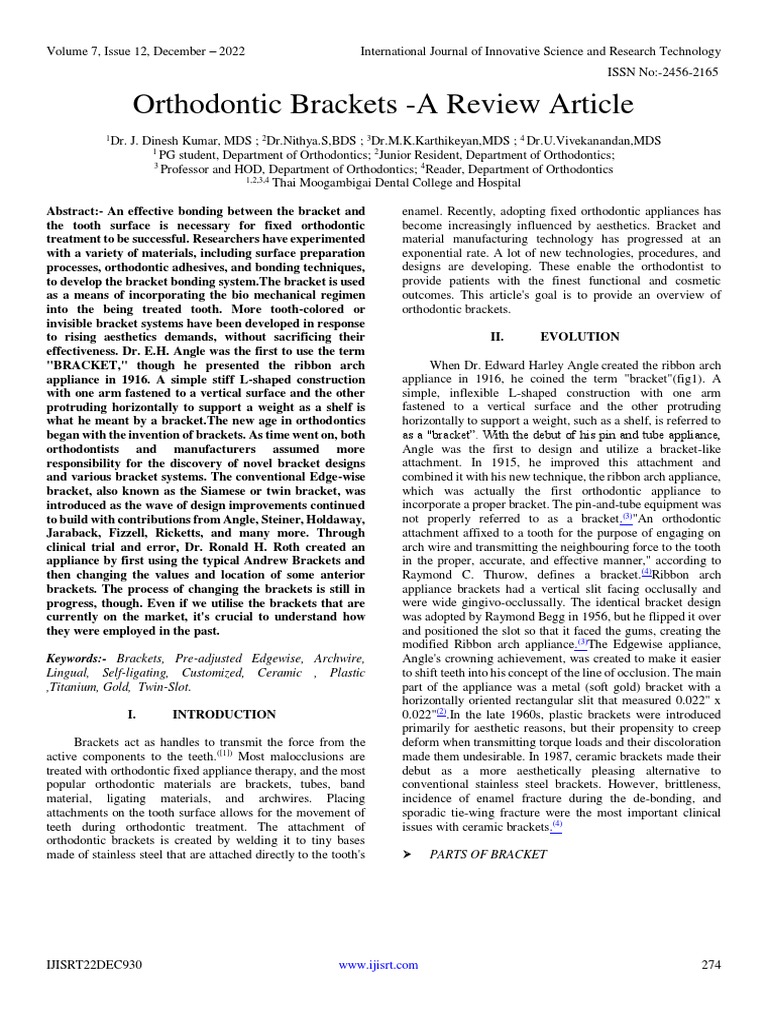 Orthodontic Brackets - A Review Article | PDF | Orthodontics | Titanium