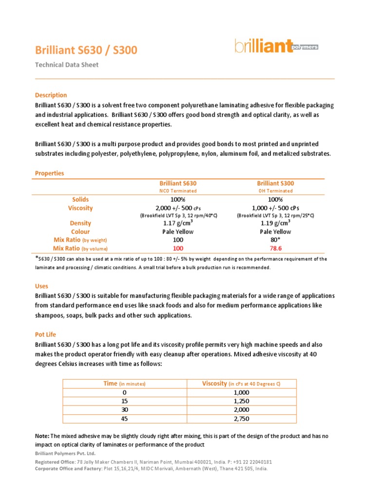 TDS Brilliant S630-S300 | PDF | Adhesive | Lamination