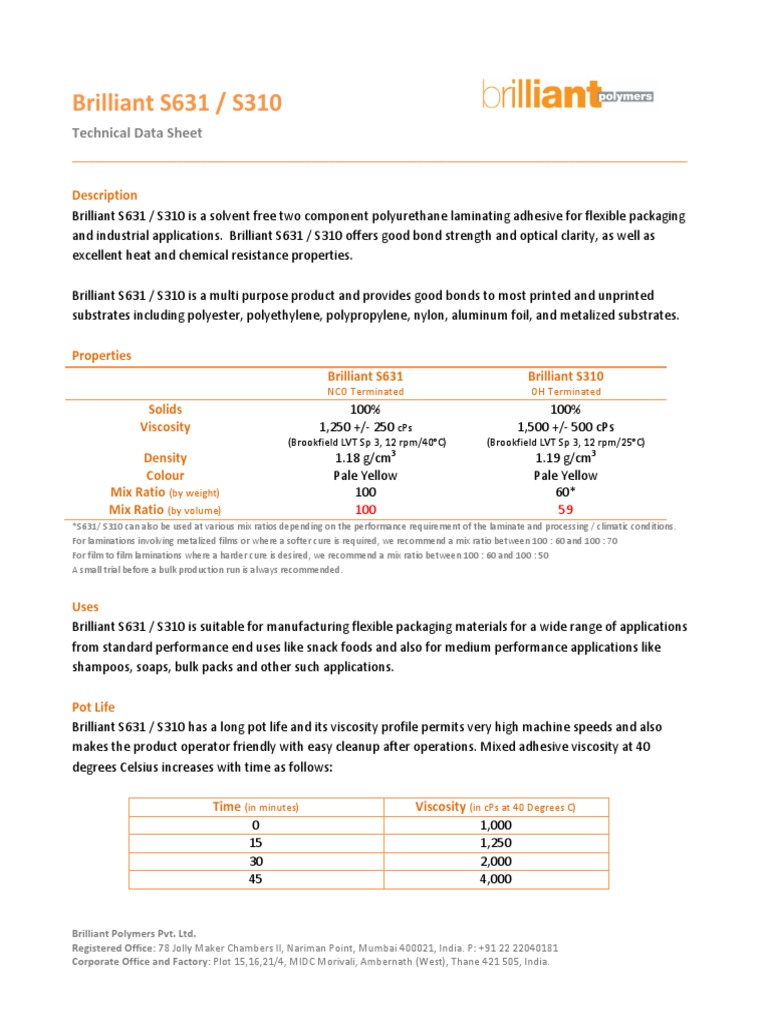 Technical Specifications and Usage Guidelines for Brilliant S631/S310 Solvent-Free Two Component ...