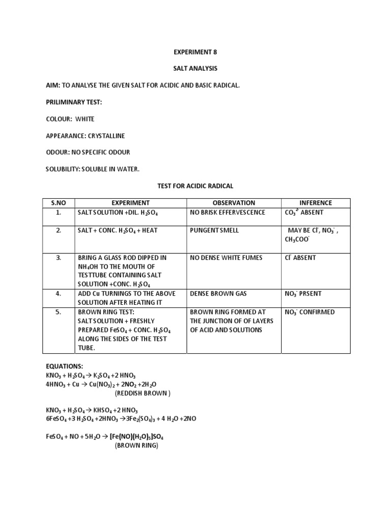 Experiment 8. Salt Analysis | PDF | Acetate | Sulfuric Acid
