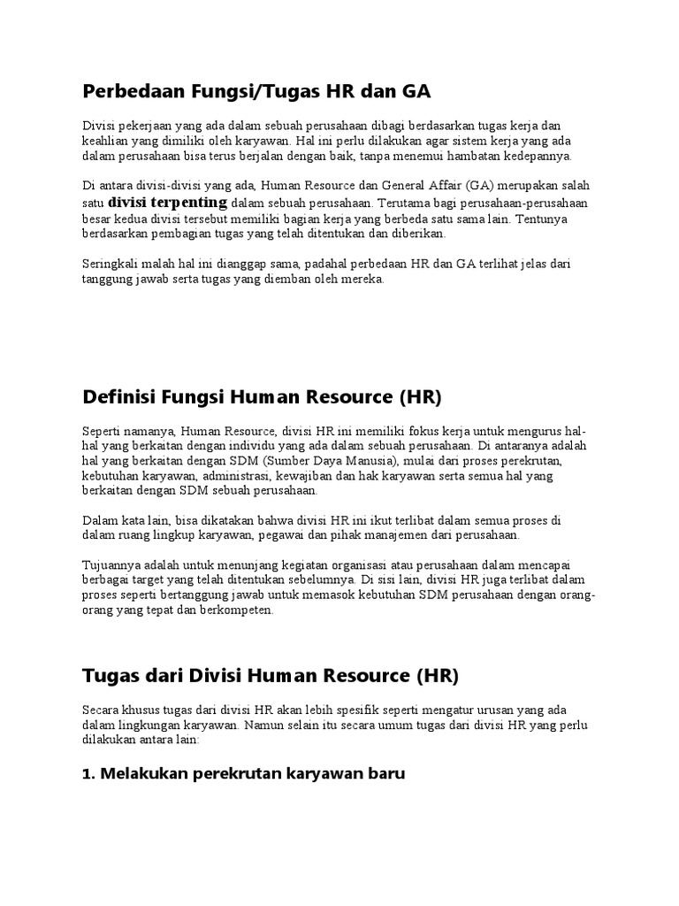 Perbedaan Tugas HR dan GA dalam Perusahaan | PDF