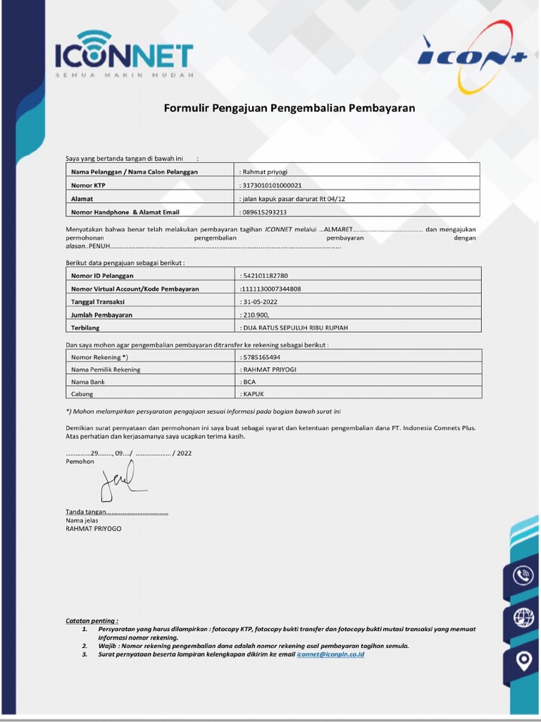 Formulir Pengembalian Pembayaran ICONNET | PDF